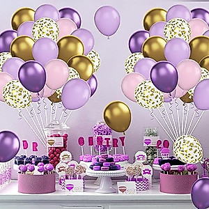 Pink and Purple Balloons, 60Pcs Pastel Purple Pink Balloons, 12 Inch Metallic Purple Gold Confetti Balloons Purple Latex Balloons for Girls Birthday Baby Shower Bridal Butterfly Party Decorations