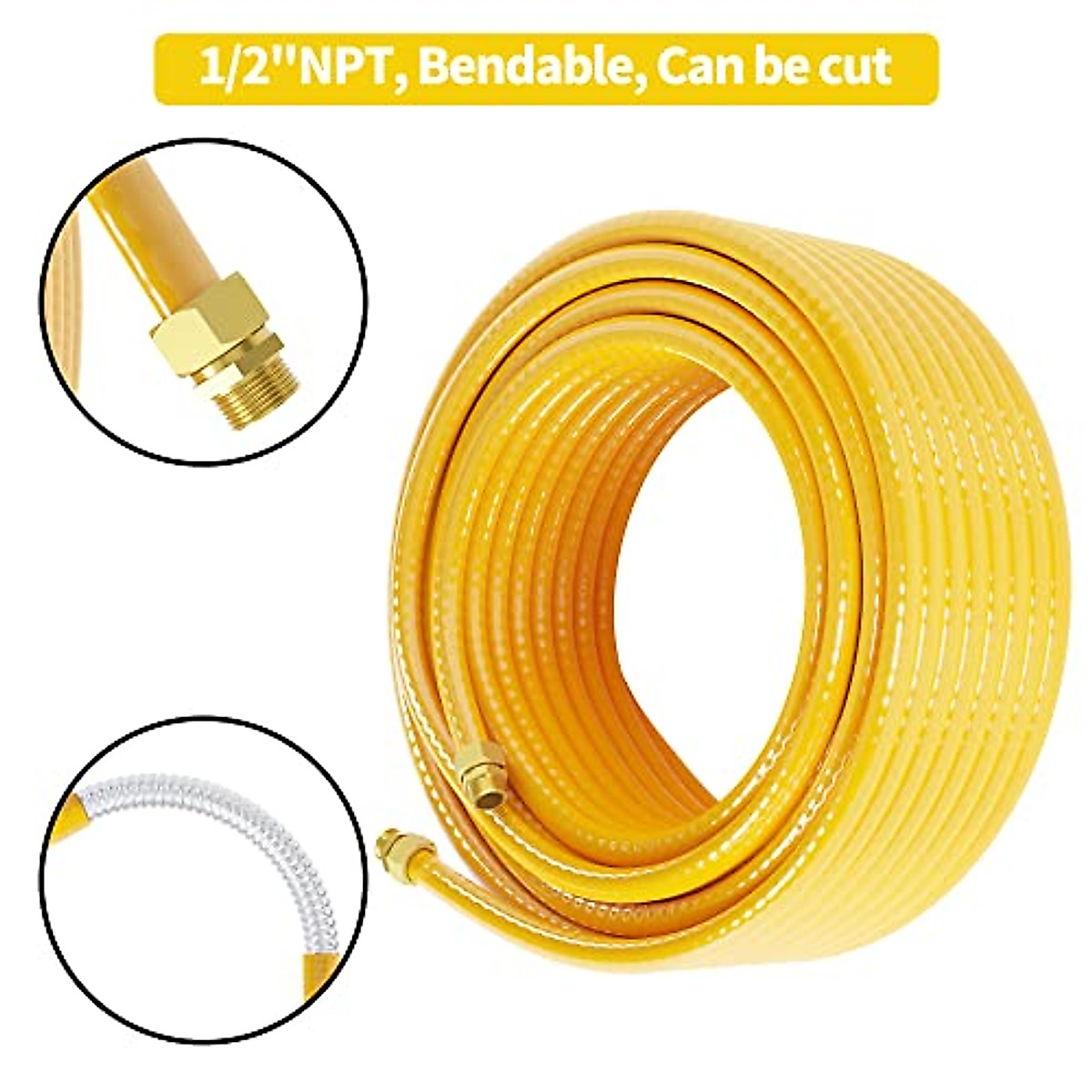 100FT 1/2 '' Flexible Gas Line,CSST Corrugated Stainless Steel Tubing,Natural Gas Line Pipe Propane Conversion Kit Grill Hose with 2 Male Adapter Fittings