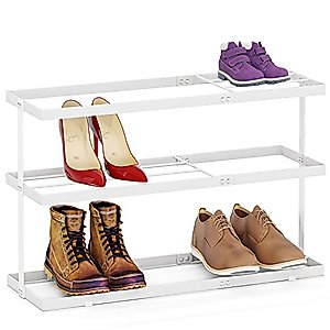 White Metal Shoe Rack for Closets, 3 Tiers Space Saving Shoe Shelf for 6 Pairs, Modern Free Standing Shoe Stand