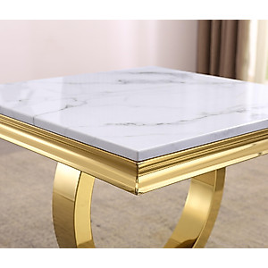 SSLine Modern White Faux Marble End Table Luxury Square Sofa Side Table with Gold Pedestal Base Mid-Century Elegant Bedside Table w/Mirrored Stainless Steel Frame Legs for Living Room Bedroom