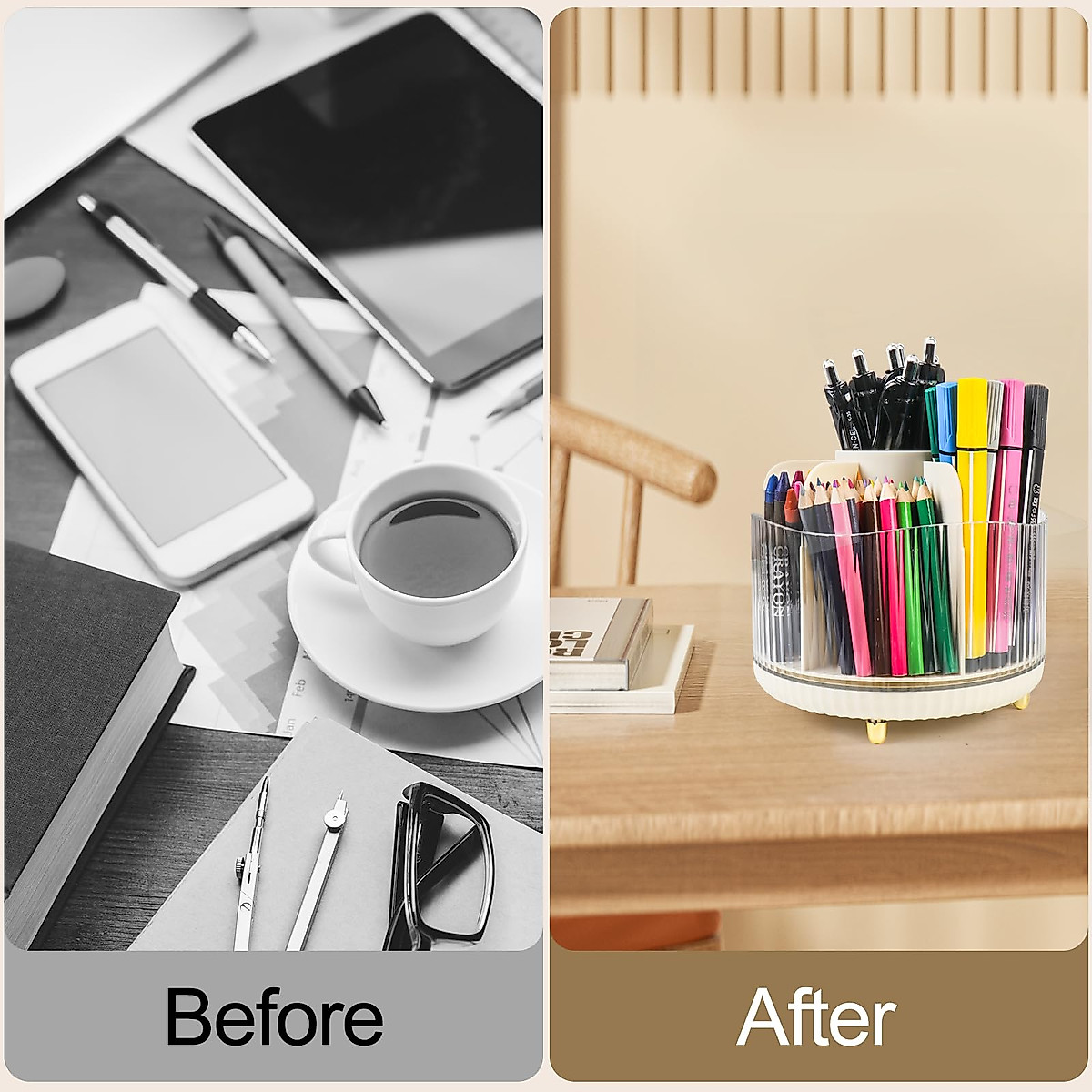 EPKAOZEY Rotating Pen Holder Desk Organizer, 7 Grids 360° Pencil Holder Rotatable Desktop Organizer, Removable Makeup Holder Large Capacity, Holds Pencils, Crayons and All Kinds of Stationery, Makeup Brushes, Small House Items (White)