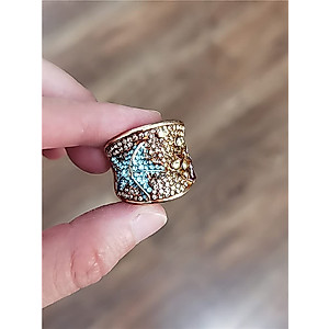 Ocean Starfish Statement Ring for Women Girls Wide Gold Vintage Blue Purple Crystal CZ Band Cocktail Party Rings Big Chunky Antique Exaggerated Jewelry Dainty Gift