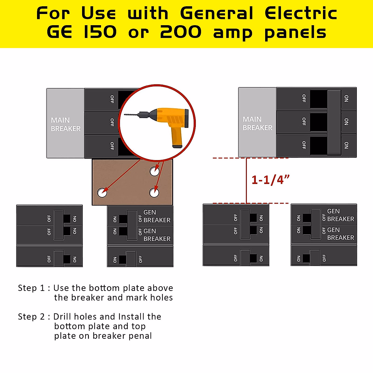 Generator Interlock Kit Compatible with GE General Main 150 or 200 Amp Panels, 1-1/4" Spacing Between Main and Branch Breakers, Electrical Interlock Kit