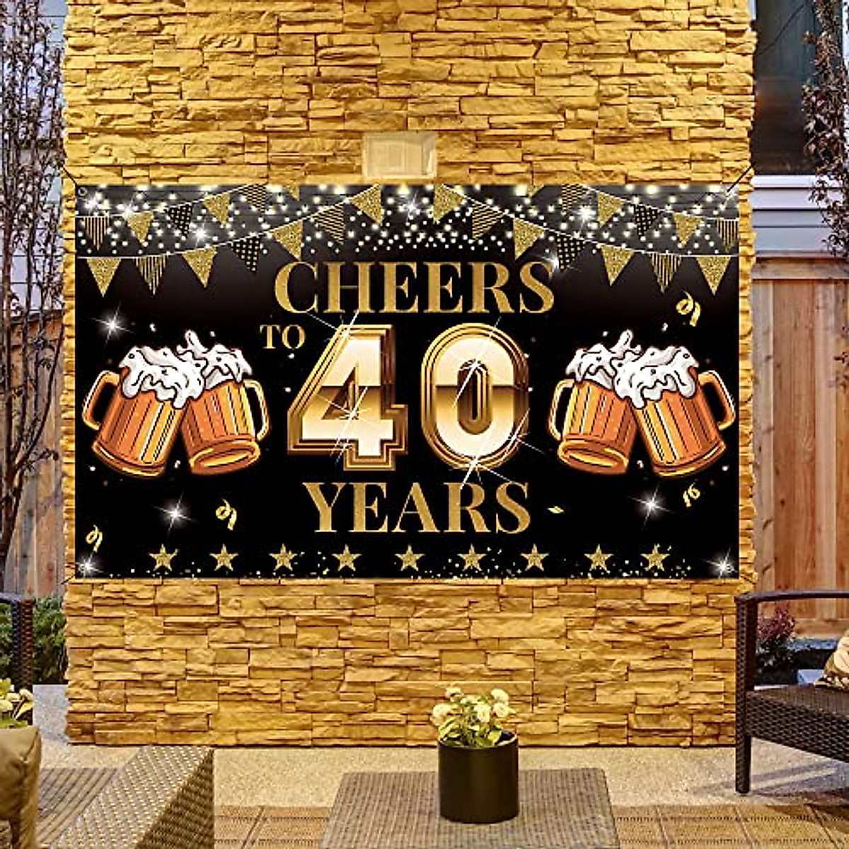 Cheers to 40 Years Backdrop Banner, Happy 40th Birthday Decorations for Men Women, 40th Anniversary, Class Reunion Backdrop, Black Gold 40th Birthday Party Yard Banner, Vicycaty (6.1ft x 3.6ft）