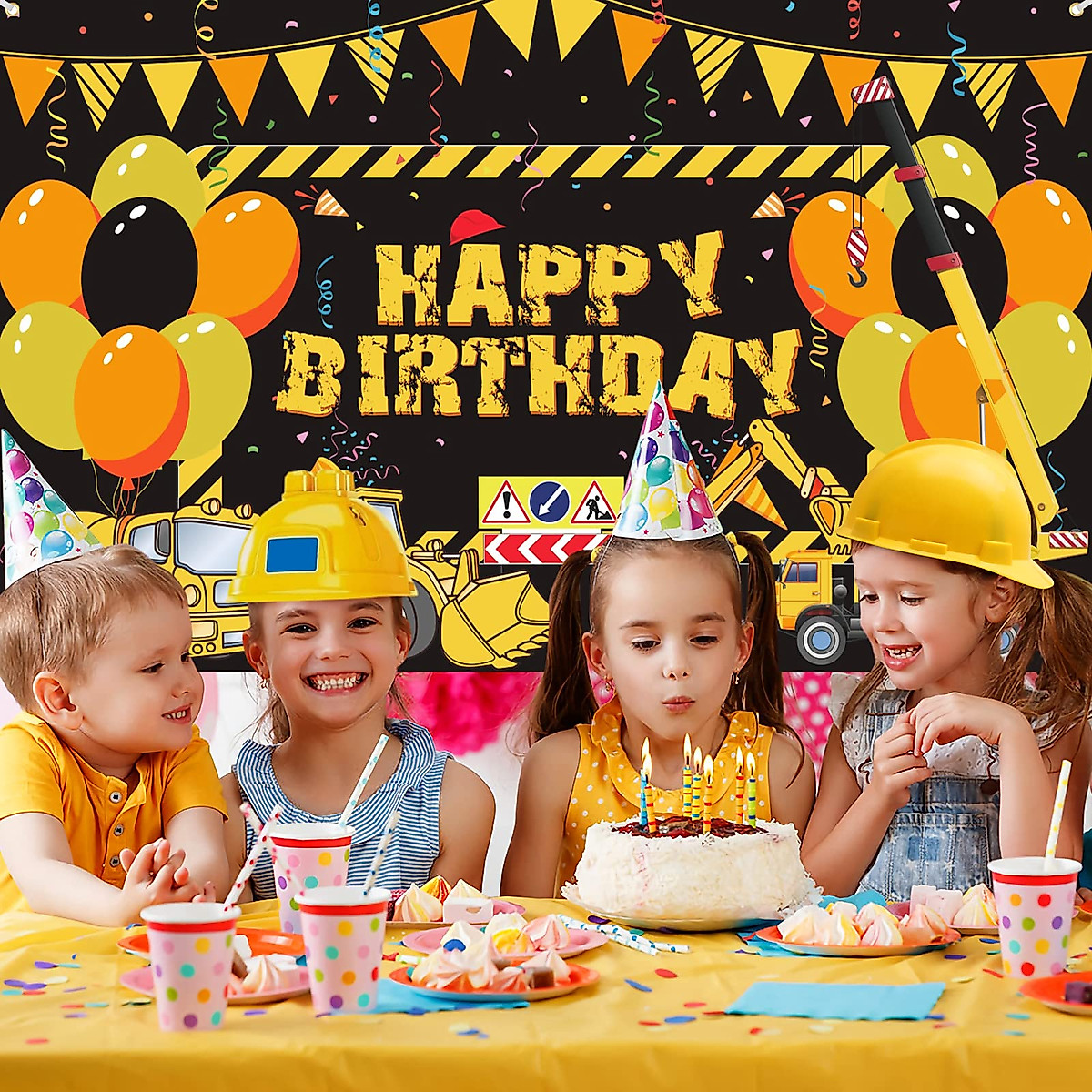 Construction Happy Birthday Banner Large Dump Truck Backdrop Excavator Crane Digger Background Party Supplies for Boys Kids Construction Baby Shower Birthday Party Decoration