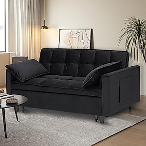 CAPCAEK Modern Velvet Loveseat Pull-out Sofa Couch w/Pullout Bed, 3 in 1 Convertible Sleeper Sofa Bed, Small Love Seat Lounge Sofa w/Reclining Backrest,Toss Pillows, Pockets,Furniture for Living Room…