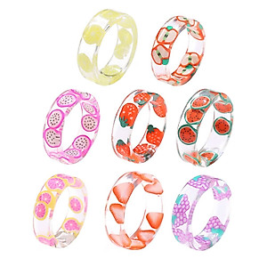 Generic 8pcs Cute Acrylic Resin Indie Rings Set Resin Rings Colorful Summer Knuckle Transparent Stacking Ring Y2K Aesthetic Kidcore Funny Fruit Plastic Ring Jewelry Gift for Women Teen Girls