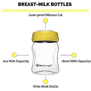 Breastmilk Bottles 6pc Set with Leak Proof Lids by Max Strength Pro, 6.oz 180ml Reusable Wide Neck Bottles Best for Breast Milk Collection & Storage Solution, BPA Free, Fits Spectra & Avent Models