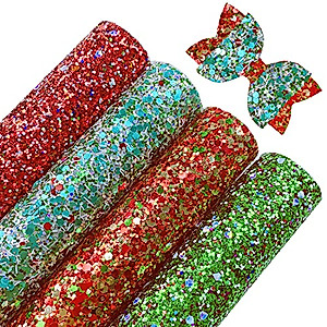 Greatdiy Sparkly Christmas Faux Leather Sheets 8x12 inch Shiny Mixed Red and Green Tinsel Chunky Glitter Fabric for Bows Crafts (Red-Green)