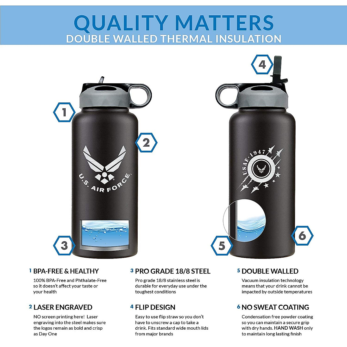 32oz Air Force Stainless Steel Insulated Water Bottle with Engraved USAF Logo - Air Force Gifts for Veterans | Disabled USMC Vet Owned SMALL Business