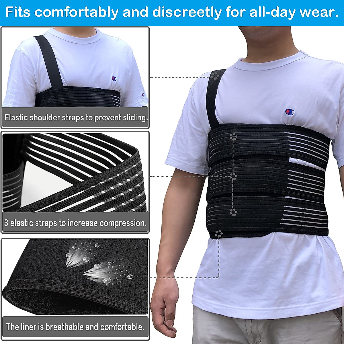 Rib Belt Chest Binder for Broken Injury Ribs, Elastic Rib Brace Compression Support to Reduce Rib Cage Pain, Fractured, Dislocated and Post-Surgery Ribs (L (33" to 43"))