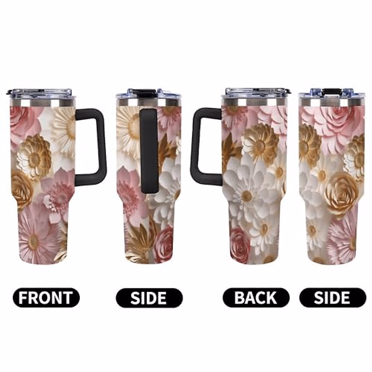 NVBSKKDH Pink White Gold Flowers 40 Oz Stainless Steel Tumbler with Handle & Straw Double-Walled Vacuum Insulated Travel Mug for Hot/Cold Drinks, Reusable Thermal Cup for Car Cup Holder