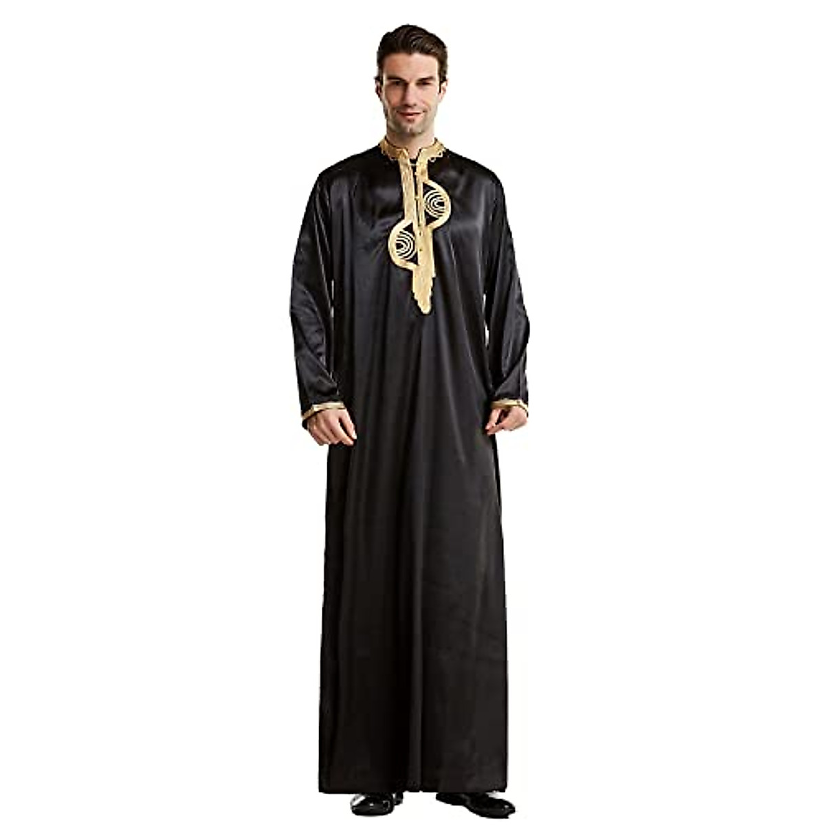 Muslim Middle Arab Embroidered Stand Men's Robe Collar Muslim Clothes Hijab for Women Set (Black, XL)