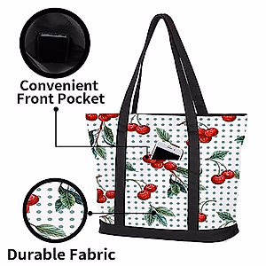 bisibuy Cherry Berries Tote Bag Tote Bag for Women Reusable Grocery Shopping Cloth Bags with Zipper Large Capacity Foldable Handbag Gym Bag for Gift Activity