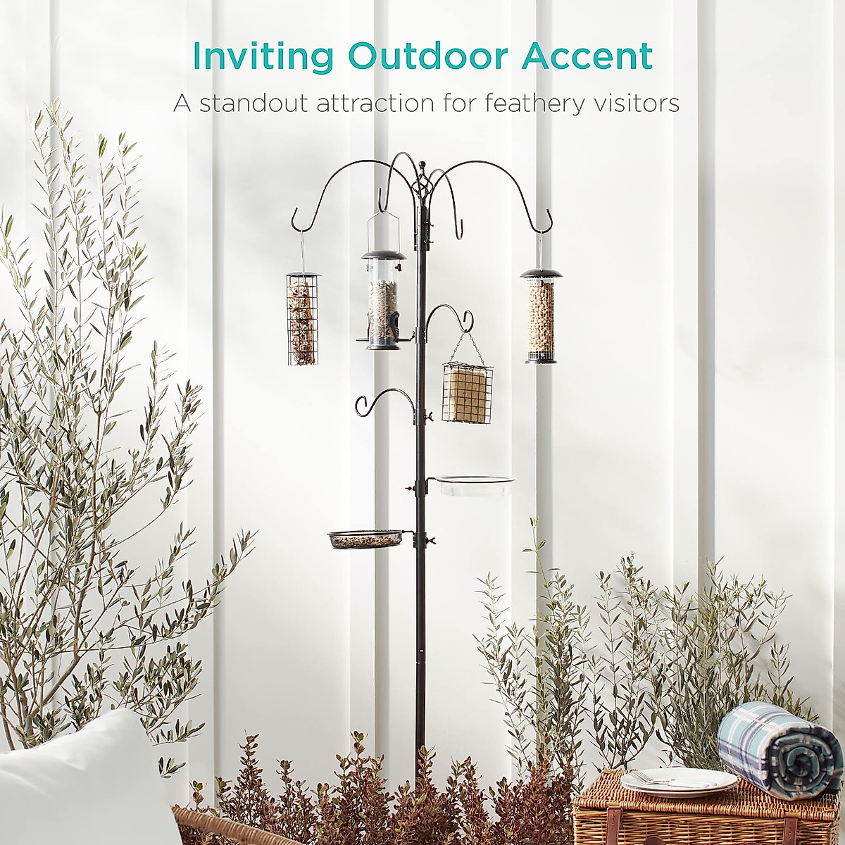 Best Choice Products 6-Hook Bird Feeding Station, Steel Multi-Feeder Kit Stand for Attracting Wild Birds w/ 4 Bird Feeders, Mesh Tray, Bird Bath, 5-Prong Base - Black