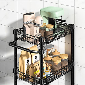 YASONIC 3 Tier Metal Rolling Cart, Kitchen Cart with Adjustable Shelves, Heavy Duty Utility Cart with Lockable Wheels, Multifunctional Rustproof Storage Cart, Bathroom Organizer Cart, Black