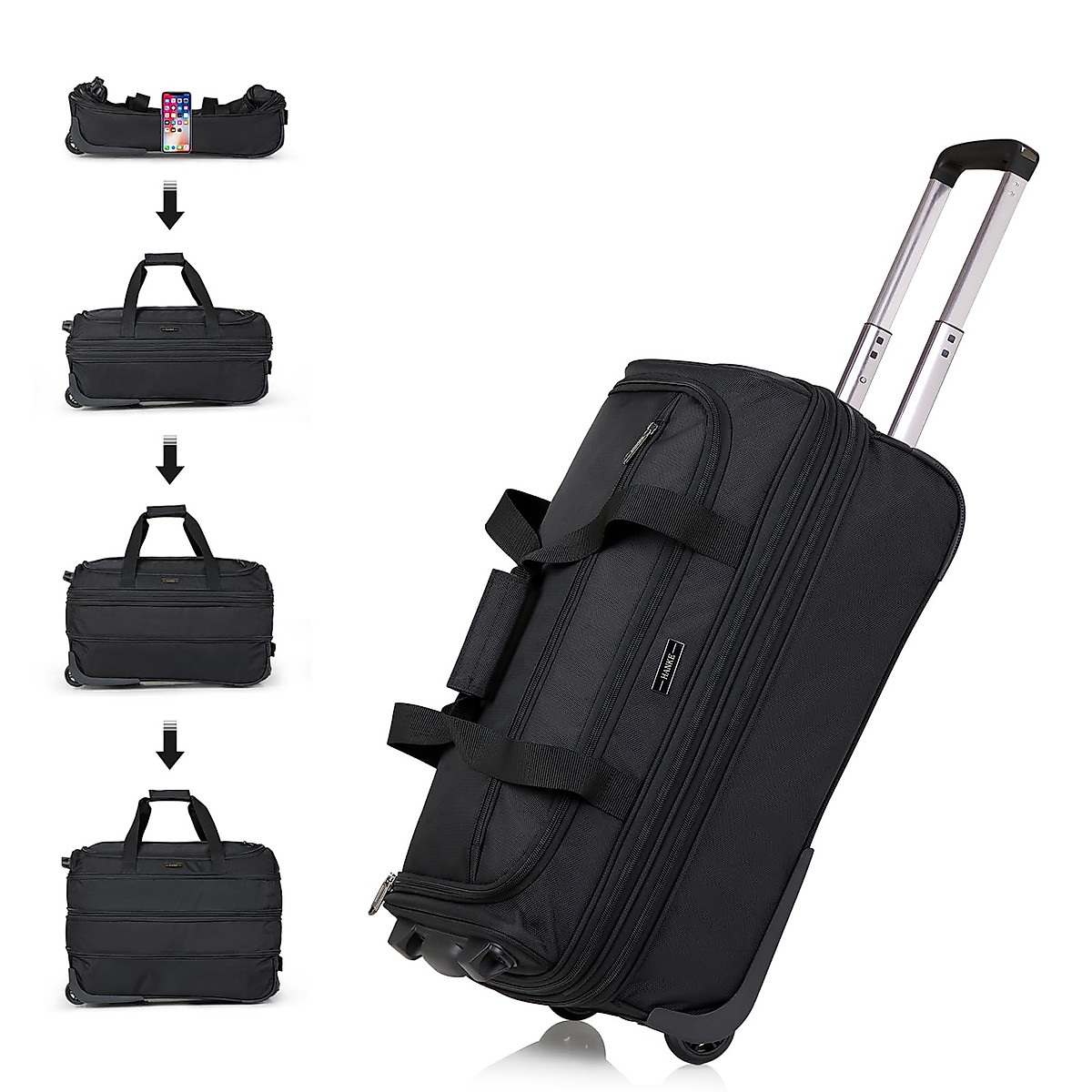 Hanke 20 Inch Expandable Carry On Luggage Suitcases with Wheels Foldable Duffle Bag for Travel Carry On suitcase Weekend Bag for Women Men Garment Bag.（Black）