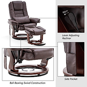 MCombo Recliner with Ottoman Chair Accent Recliner Chair with Vibration Massage, Removable Lumbar Pillow, 360 Degree Swivel Wood Base, Faux Leather 9096 (Dark Brown)