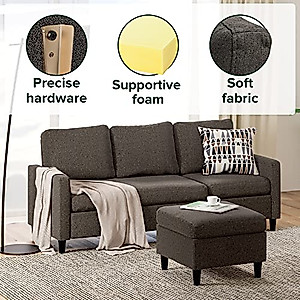 ZINUS Hudson Convertible Sectional Sofa / Reversible Chaise and Ottoman Included / Easy Assembly, Dark Grey