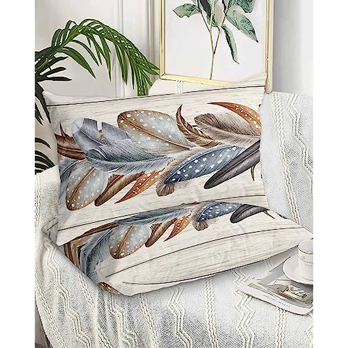 Edwiinsa Brown Blue Feather Pillow Covers Standard Size Set of 2 Bed Pillow, Farmhouse Wooden Striped Grain Plush Soft Comfort for Hair/Skin Cooling Pillowcases with Envelop Closure 20''x26''