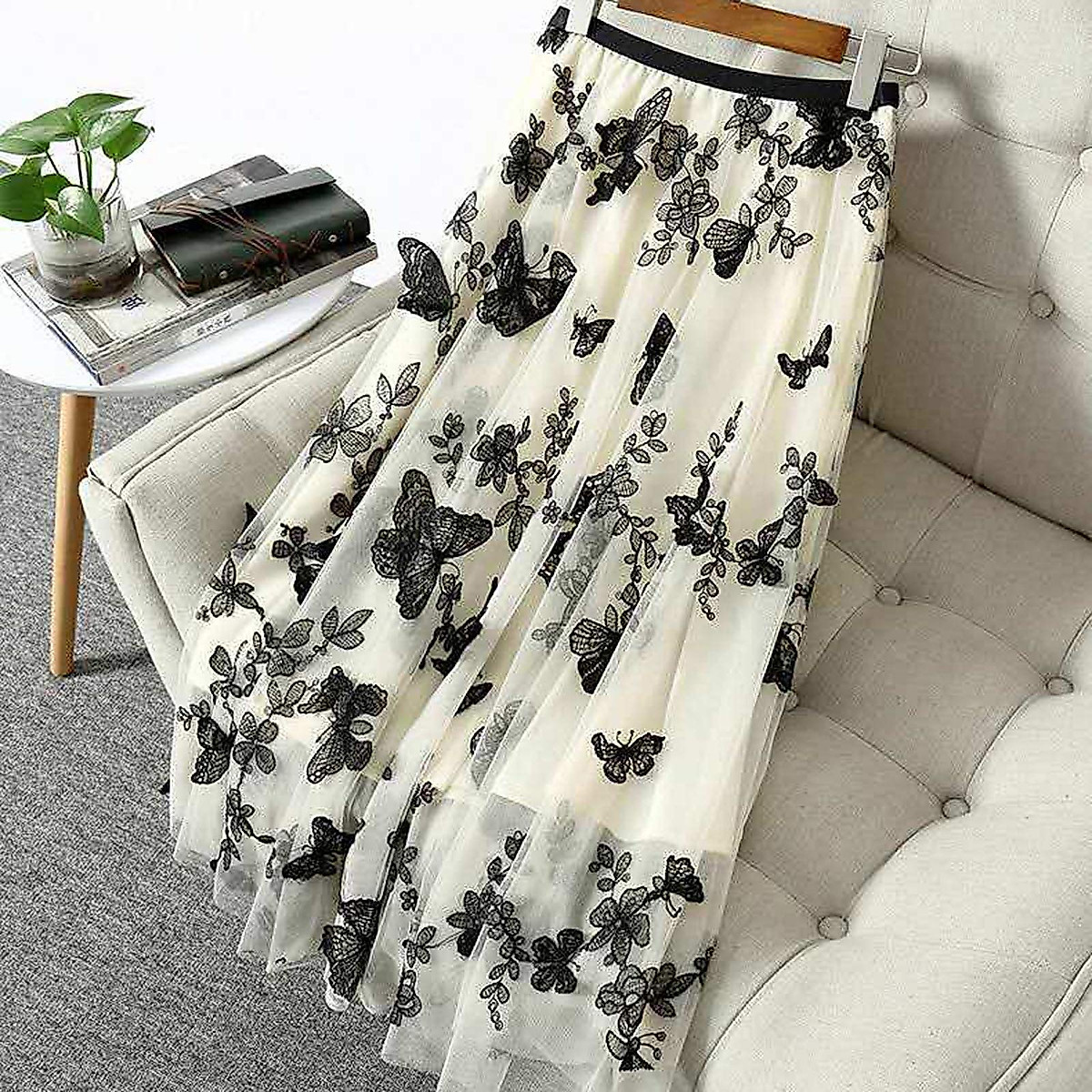 Bravetoshop Womens Tutu Tulle Skirt High Waist Layered Floral Printed A-Line Skirts Mesh Midi Skirt (White,XL)