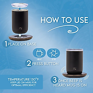 OZTANCE Self Stirring Coffee Mug with Lid - Heated Mug 10 oz, Luxury Design Heated Coffee Mug Warmer Set For Desk Home Office (Black)