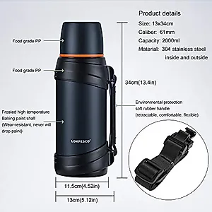 2L/68oz Large Coffee Bottle for Travel, Flasks for Hot and Cold Drinks, Stainless Steel Vacuum Insulated Hot Water Bottles with 2 Cups for Hiking/Camping, Keep Hot 24Hrs (Blue)