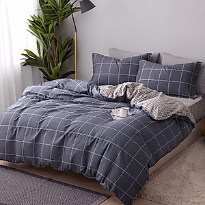 SAPHREAS Gray Plaid Duvet Cover Set Queen Size 3pcs Dark Grey Grey Geometric Grid Cotton Bedding Comforter Cover Set 1 Quilt Cover 2 Pillow Shams
