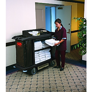 Rubbermaid Commercial Products Housekeeping Cart, Full Size, Black, 3 Shelves, Cleaning Organization and Supplies Storage, Maid Cart for Hotel/Motel/Commercial Facilities