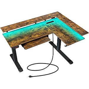 Rolanstar L Shaped Standing Desk with LED Light and Power Outlet, Dual Motor Height Adjustable Electric Standing Desk with Monitor Stand & Keyboard Tray, 61.2" Sit Stand Desk Rustic Brown