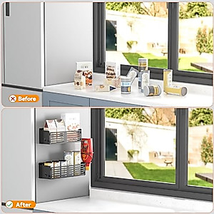 CLESOO Magnetic Spice Rack for Refrigerator, 2 Pack Moveable Magnet Organizer for Spice Jars and Seasonings, Wall Mounted Fridge Shelves with Spiral Holder and 4 Hooks for Kitchen and Stove