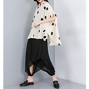 ellazhu Women's Batwing Sleeve Polka Dot Printed Button Down Blouse Oversized Shirt Top for Summer GY1903 White