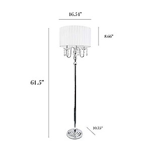Elegant Designs LF1002-WHT Romantic Cascading Hanging Crystals Sheer Drum Shade Chrome Floor Lamp, White