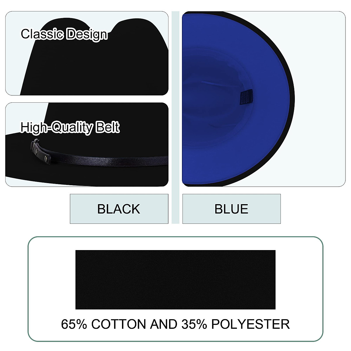 KUJUHA Wide Brim Fedora Two Tone Dress Hat, Black&blue, Large-X-Large