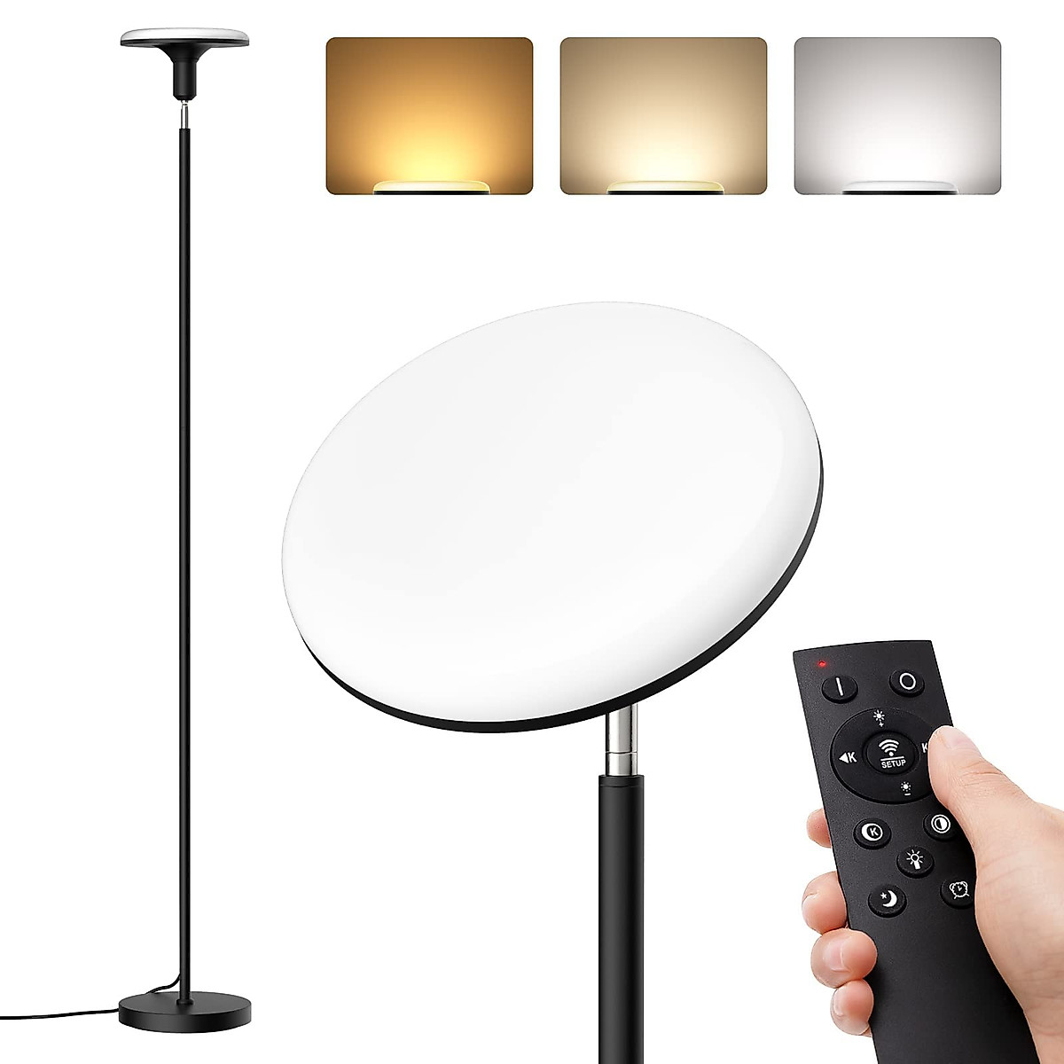 addlon Floor Lamp with Remote, Sky LED Modern Torchiere Tall Standing Lamp Super Bright Floor Lamps for Living Room, Bedroom and Office, 30W/2400LM - Black
