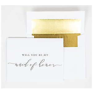 Will You Be My Bridesmaid Cards 4x5.5 Folded White Proposal Card with Black Caligraphy with Gold Foil Lined Envelopes 6 Bridesmaid Cards 1 Maid of Honor Card and 1 Matron of Honor Card Set Elegant Minimalist Style