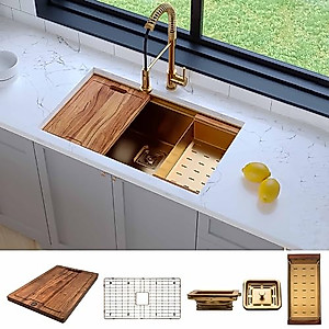 STRICTLY SINKS 32” Gold Work Station Kitchen Sink Undermount Accessory Shelf Single Bowl Square Drain Stainless Steel 90 Degree Radius 16 Gauge–With Single Square Disposal Adapter