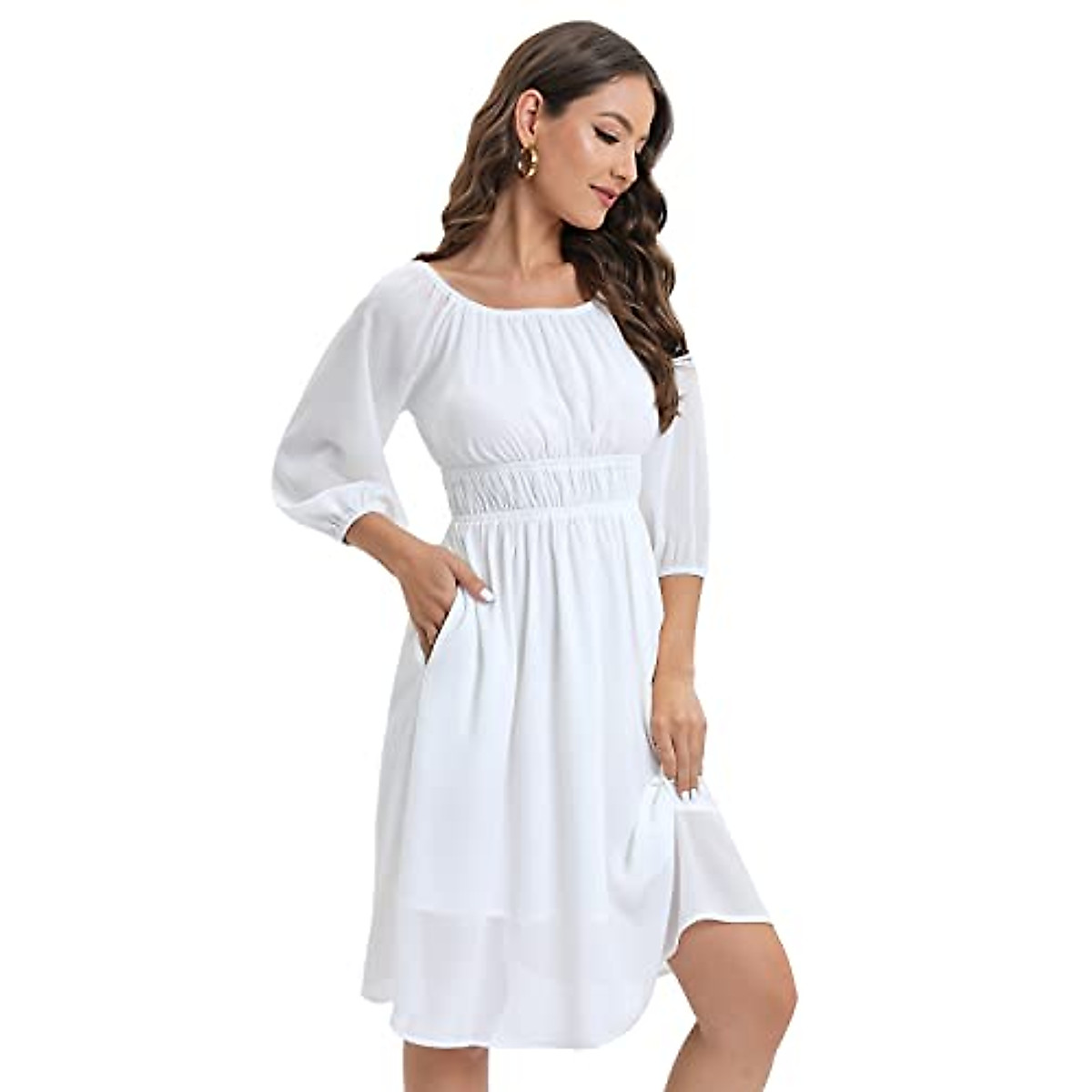 Sureple White Wedding Guest Dresses for Women Off The Shoulder Long Sleeve High Waist Swing Chiffon A Line Dress for Beach(SP161-White-XL)