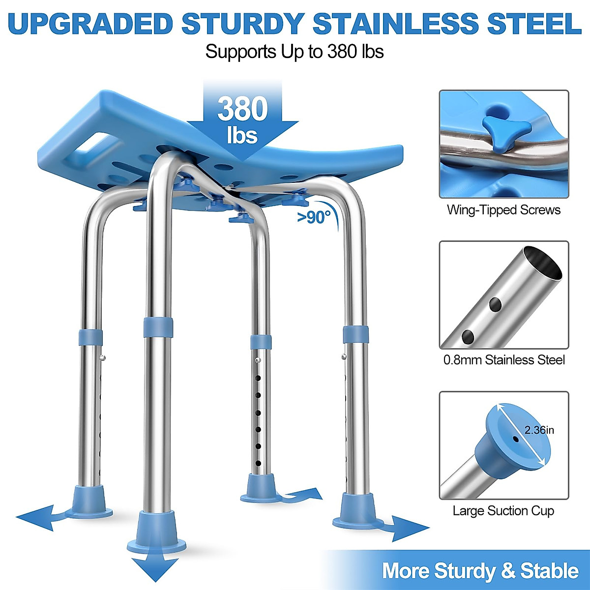 Medhelp Shower Chair for Inside Shower, FSA/HSA Eligible Stainless Steel Heavy Duty 380lbs Adjustable Padded Shower Bench with Anti Slip Rubber, No Tool Assembly Shower Stool for Elderly Disabled