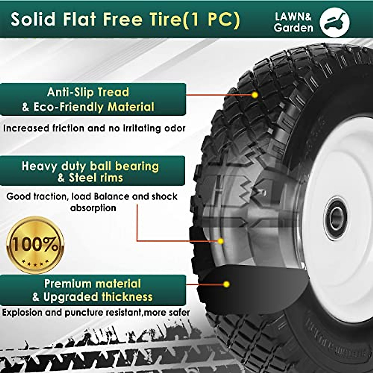 12" Solid Flat Free Tires and Wheels 1 Pac, 3.50-6 Rubber Tire Replacement Axle Bore Hole, Air less Wheel for Hand Truck/Trolley/Garden Cart/Lawn Mower/Wheelbarrow, 1Pack, Black