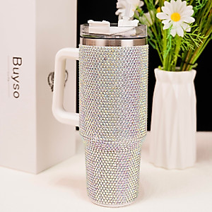 Buyso 40 Oz Bling Tumbler With Handle Rhinestones Tumbler With Lid and Straw Fix for Car Cup Holder Insulated Stainless Steel Double Wall Water Cup Travel Mug Tumblr For Women (40 oz, Shiny)