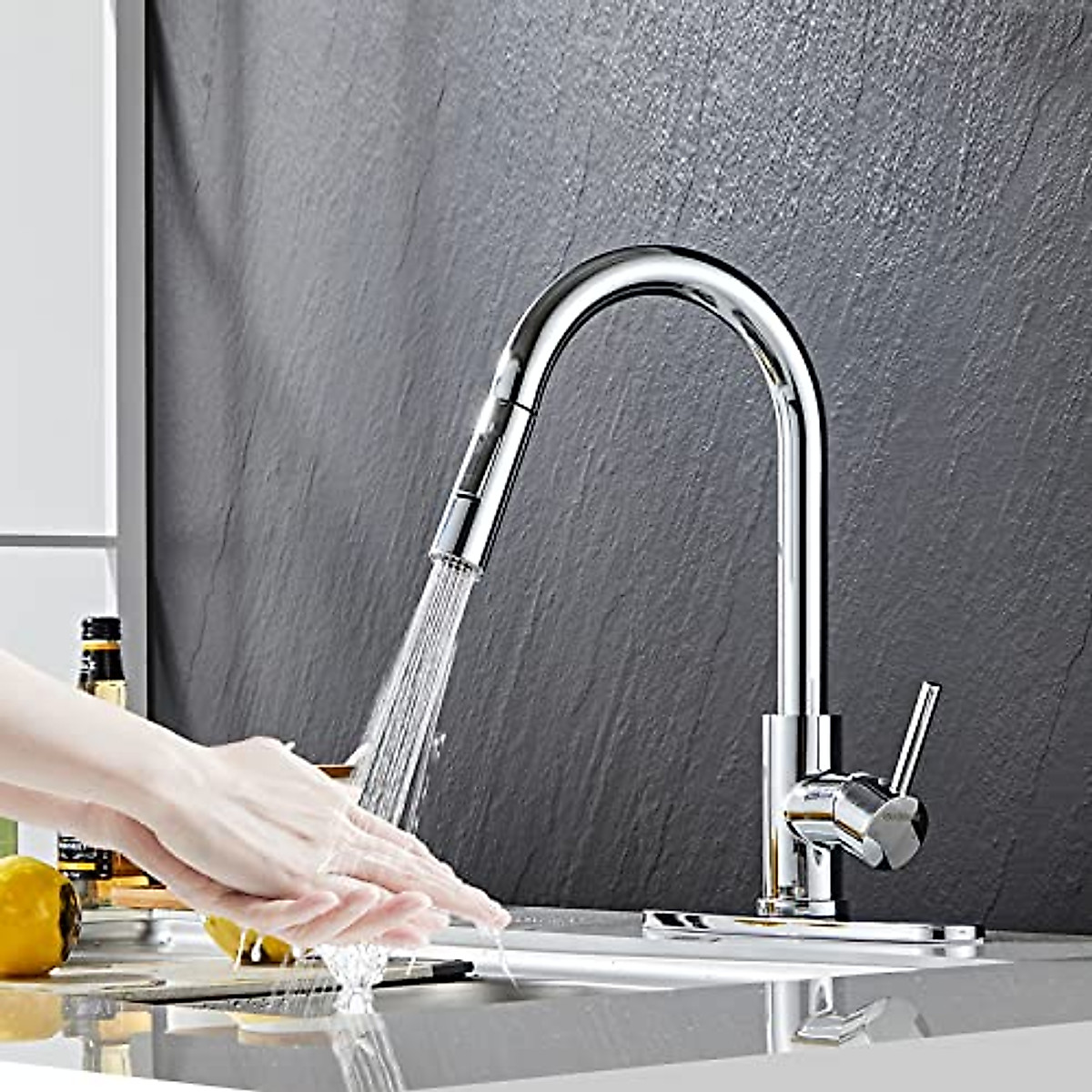 KSUCBOHAR Kitchen Faucets with Pull Down Sprayer，Single Handle High Arc Kitchen Sink Pull Out Faucet with Deck Plate，Commercial Modern Stainless Steel rv Kitchen Faucet，Glossy