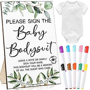 Qunclay 12 Pcs Baby Bodysuit Baby Shower Game Include 1 Game Wooden Bodysuit Sign Tabletop Decor 1 White Blank Newborn Bodysuit 10 Fabric Marker for Baby Shower Gender Reveal Party(Greenery)