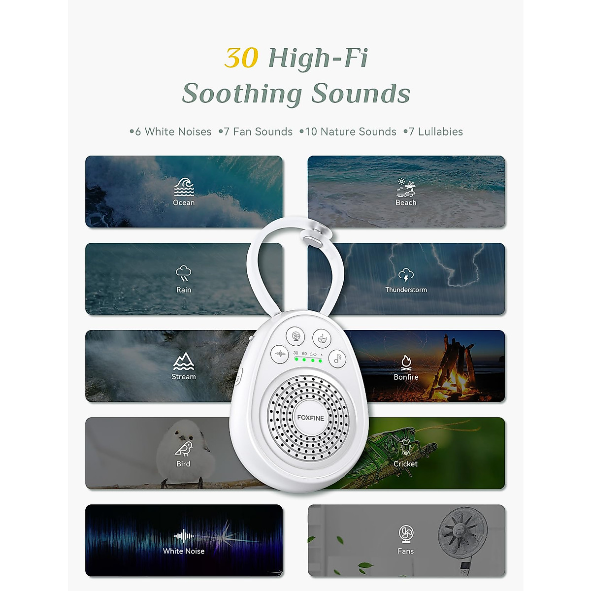 FOXFINE White Noise Machine, Portable Sound Machine with 30 Soothing Sounds, Travel Sound Machine for Sleep with Timer Child Lock, Noise Canceling for Home Office Privacy, Ideal for Baby Kids Adults