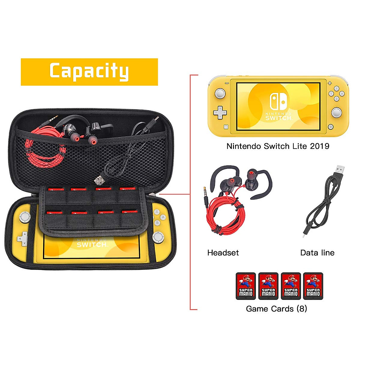 Retear Carrying Case for Nintendo Switch Lite 2019 Portable Travel Carry Cover Hard Shell Accessories with 8 Game Card Slots