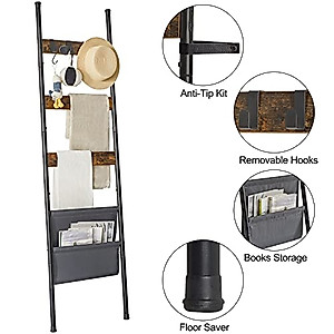 IBUYKE Blanket Rack Towel Rack Holder with Hooks Blanket Ladders Wall Leaning Metal Holder Rack for Living Room,Bathroom,Bedroom Home Decor Rustic Brown TTR001H