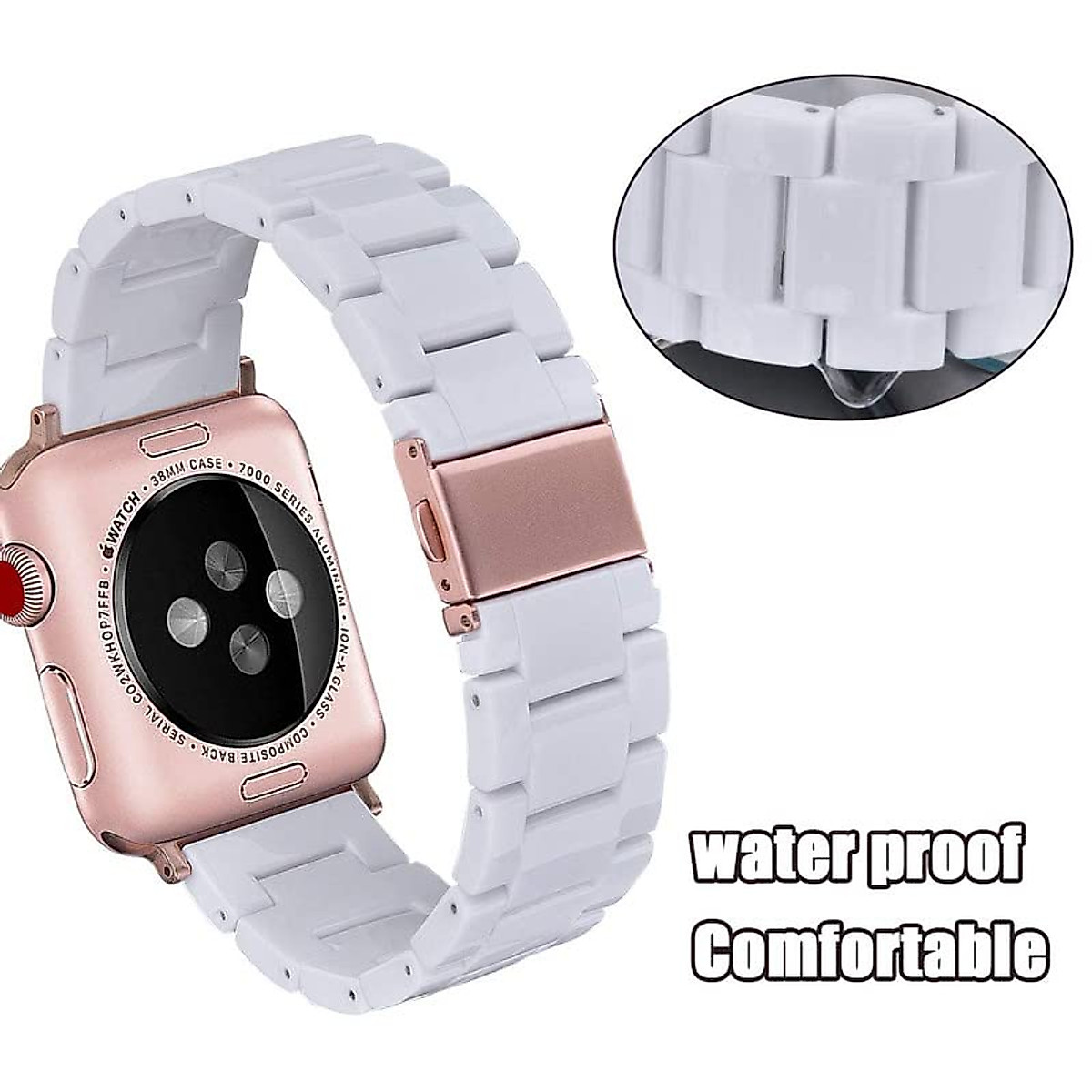 V-MORO Resin Band Compatible with Apple Watch Bands Series 8/7 41mm 40mm 38mm iWatch 6/5/4/3/2/1/SE with Stainless Steel Buckle Replacement Wristband Strap Women Men(White-tone, 38mm/40mm/41mm)