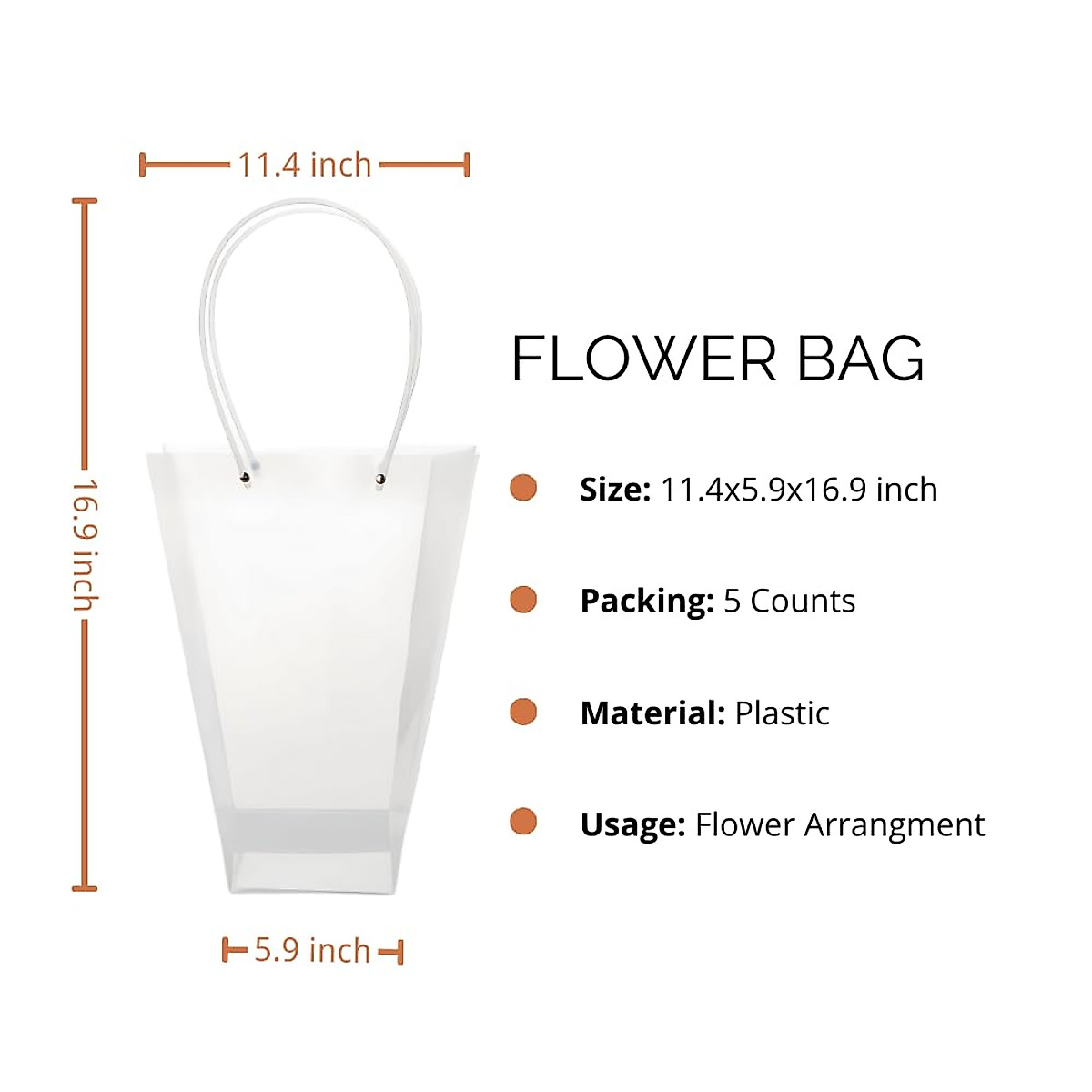 BBC Clear Flower Bouquet Bags with Handle Florist Shop Packaging Supplies, 5 Pcs (11.4 * 5.9 * 16.7inch)