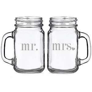 Mr. and Mrs. Heart Engraved Glass Mason Mugs (set of 2)