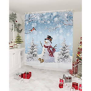 BEMIGO Christmas Tree Snowman Shower Curtains for Bathroom, Xmas Tree Farmhouse Fabric Waterproof Shower Curtain Set with Hooks, Christmas Vacation Decorations Bathroom Accessories 72x72inch